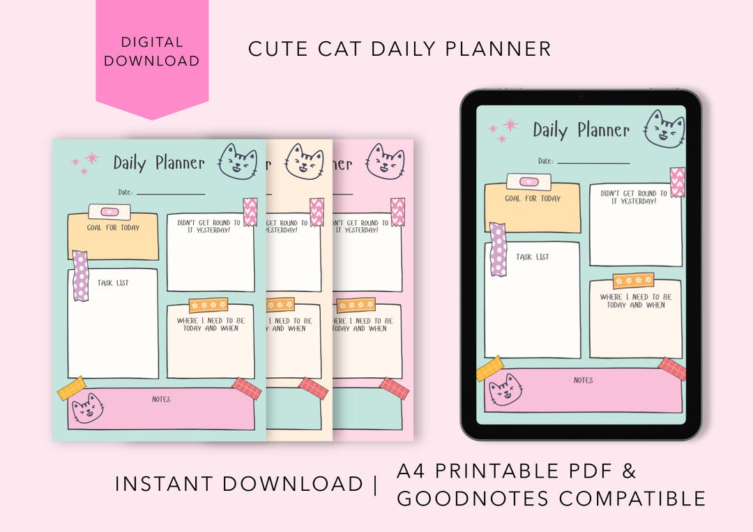 Printable Blank Daily Planer A4 Portrait, Cute Cat Blank Daily Planner ...