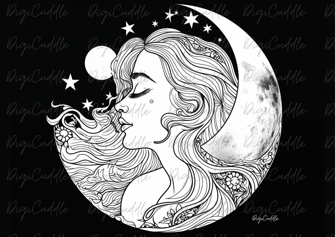 Printable Coloring Page Lady in the Moon, Lunar Coloring Page, Moon ...