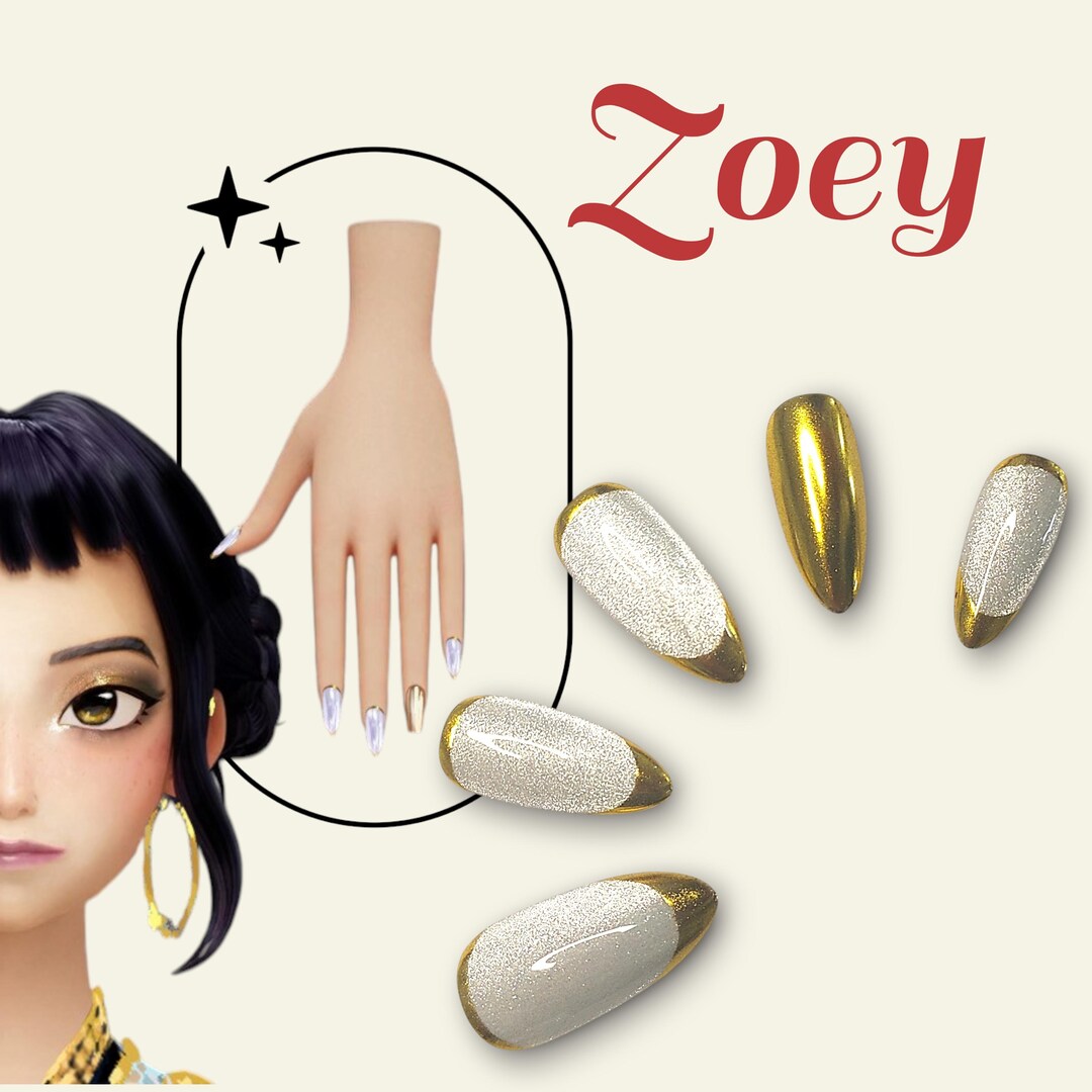 Zoey Golden Press-on Nails – White Cat Eye, Gold Chrome Tips, K-pop ...
