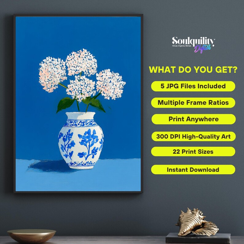 Blue Hydrangea Vase Wall Art Print, Floral Still Life Painting, Blue ...