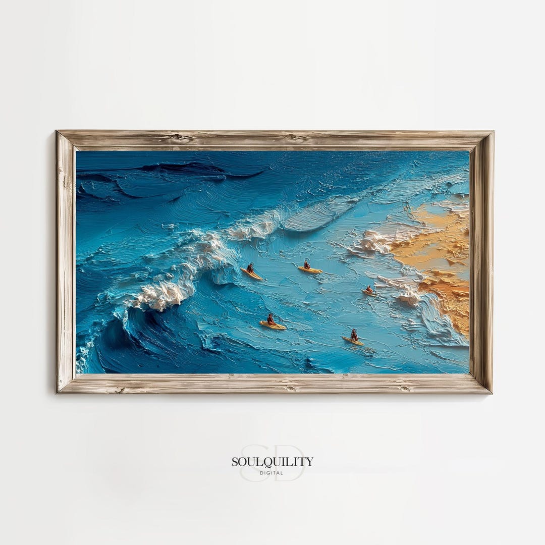 Aerial Swimmers and Surfers, Textured Wave Illustration, Frame TV Frame ...