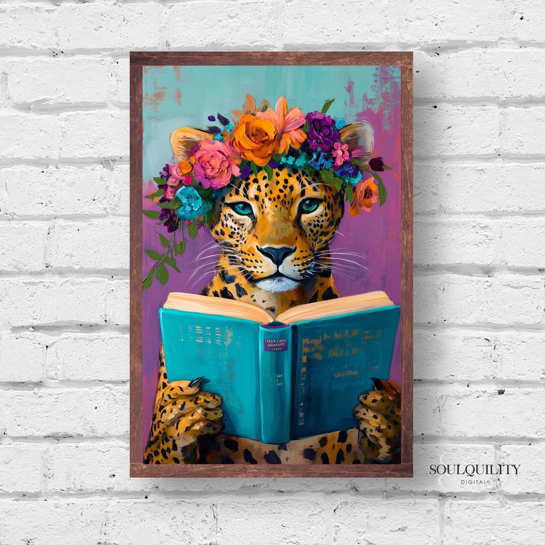 Leopard Reading Book Art Print, Floral Crown Jungle Animal, Vibrant ...