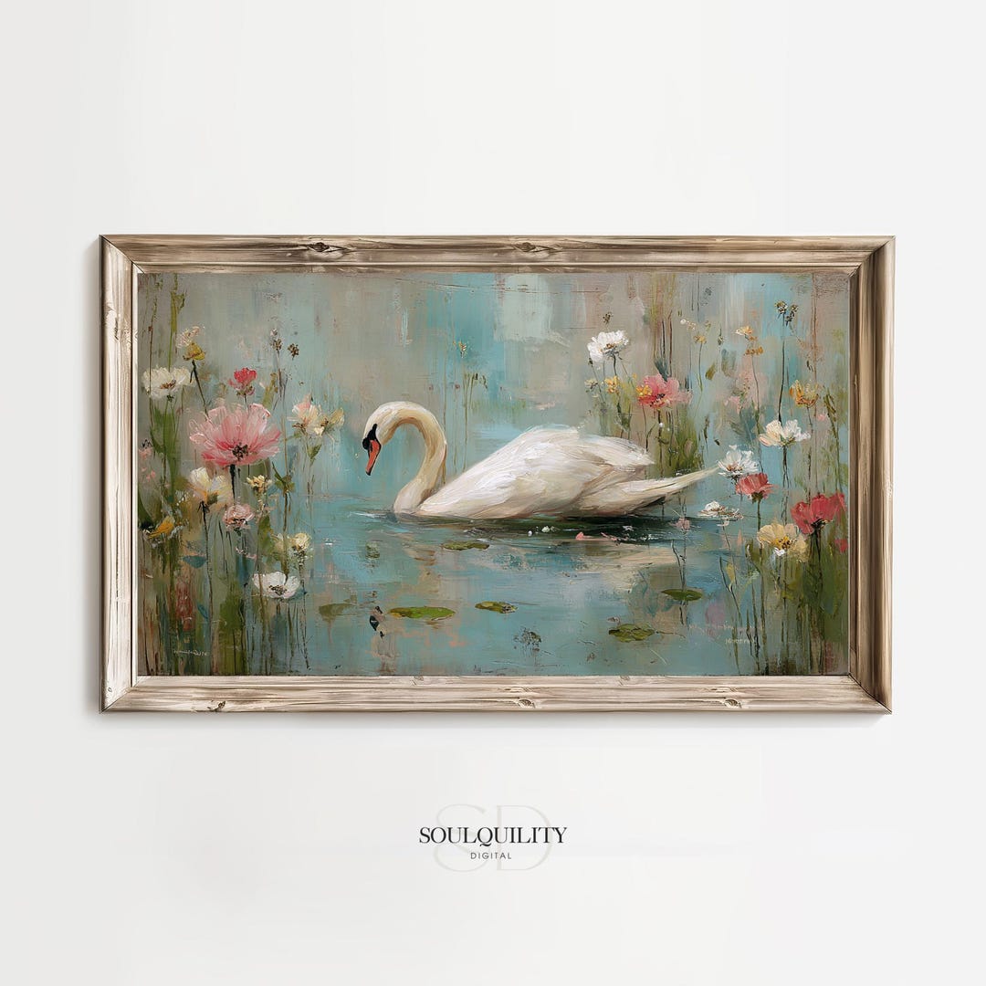Floral Swan Frame TV Art, Vintage Romantic Swan Screensaver for Smart ...