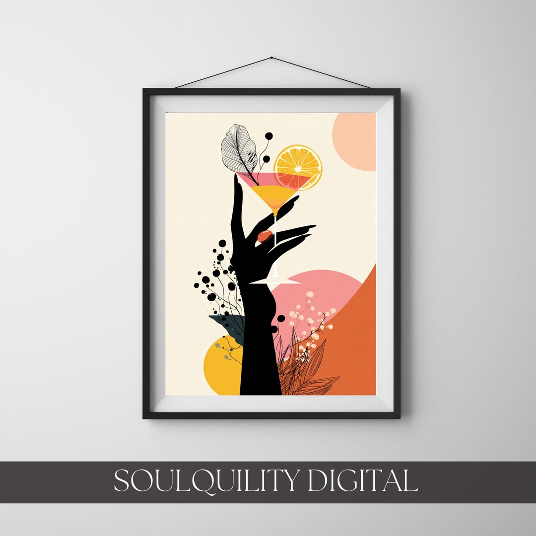 Glam Martini Wall Art Print, Abstract Botanical Cocktail Illustration ...