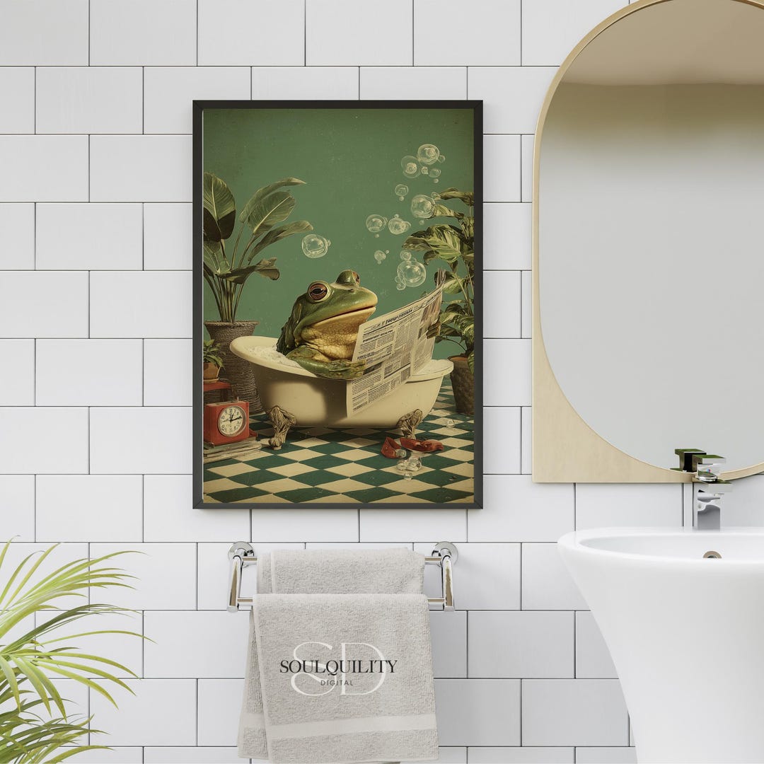 Funny Frog Reading Newspaper Art, Vintage Bathroom Wall Decor, Frog in ...