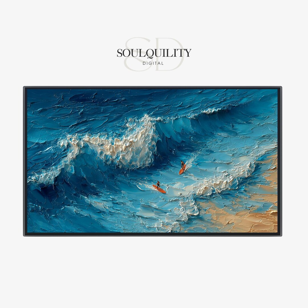 Aerial Swimmers and Surfers, Textured Wave Illustration, Frame TV Frame ...