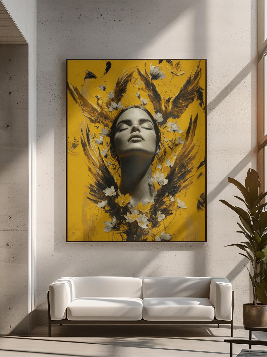 Art of Rebirth - Woman and Phoenix on a Golden Background Digital ...