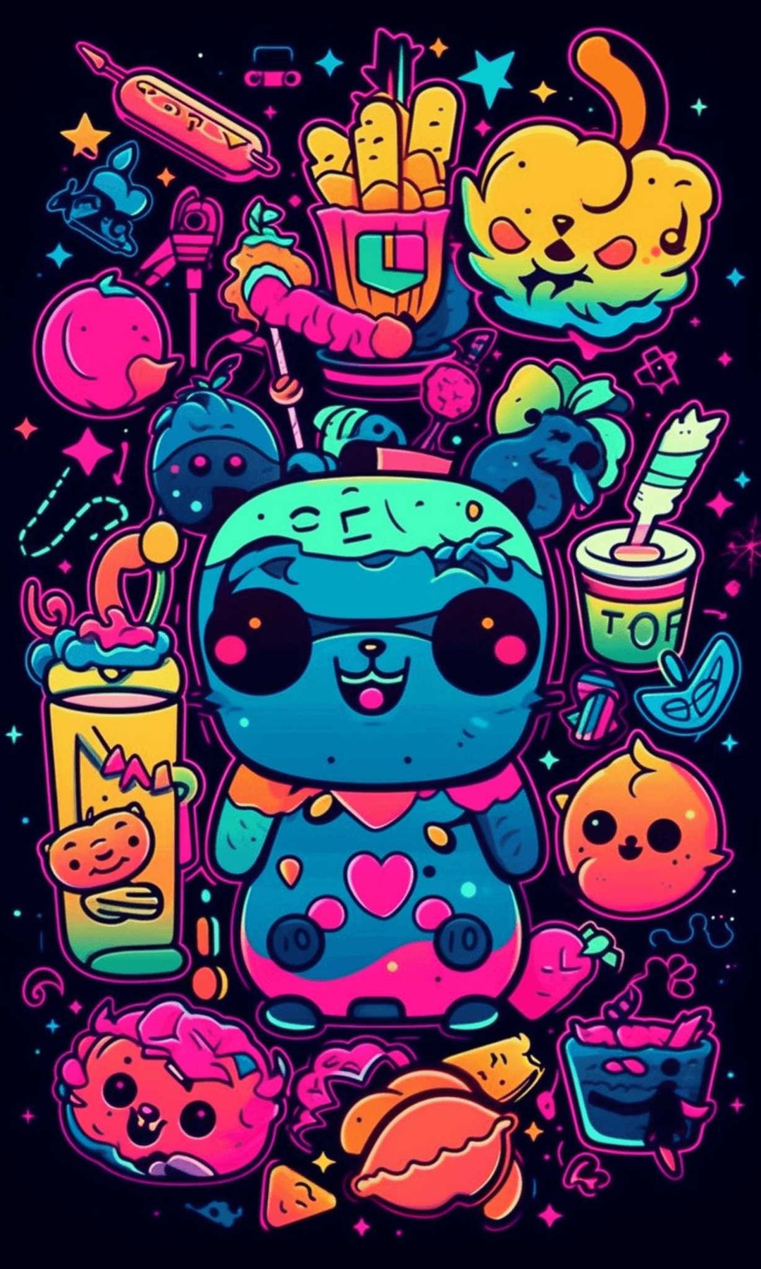 Kawaii Food Frenzy| Neon Colored Poster Art Print | Multiple Sizes ...