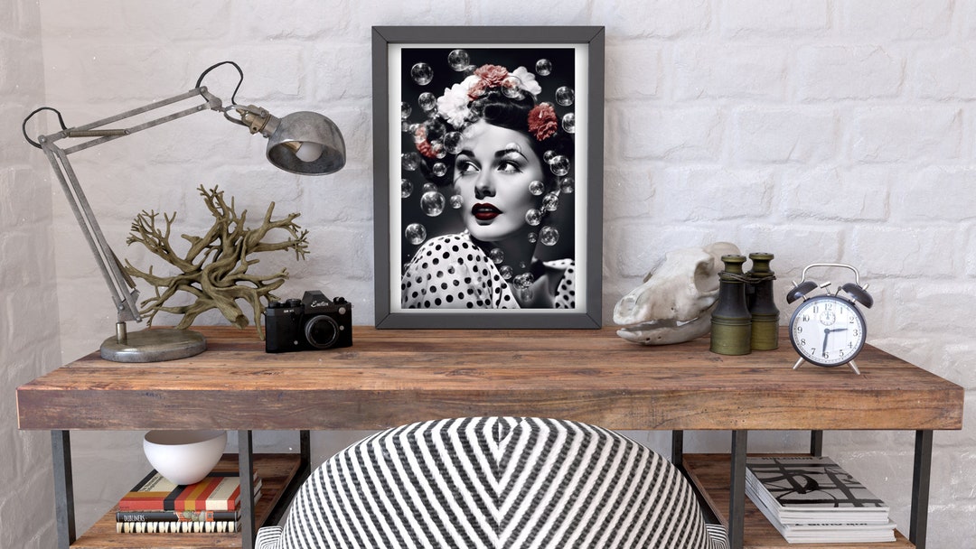 Black and White Print, Pin up Lady With Colored Flower Print, Portrait ...