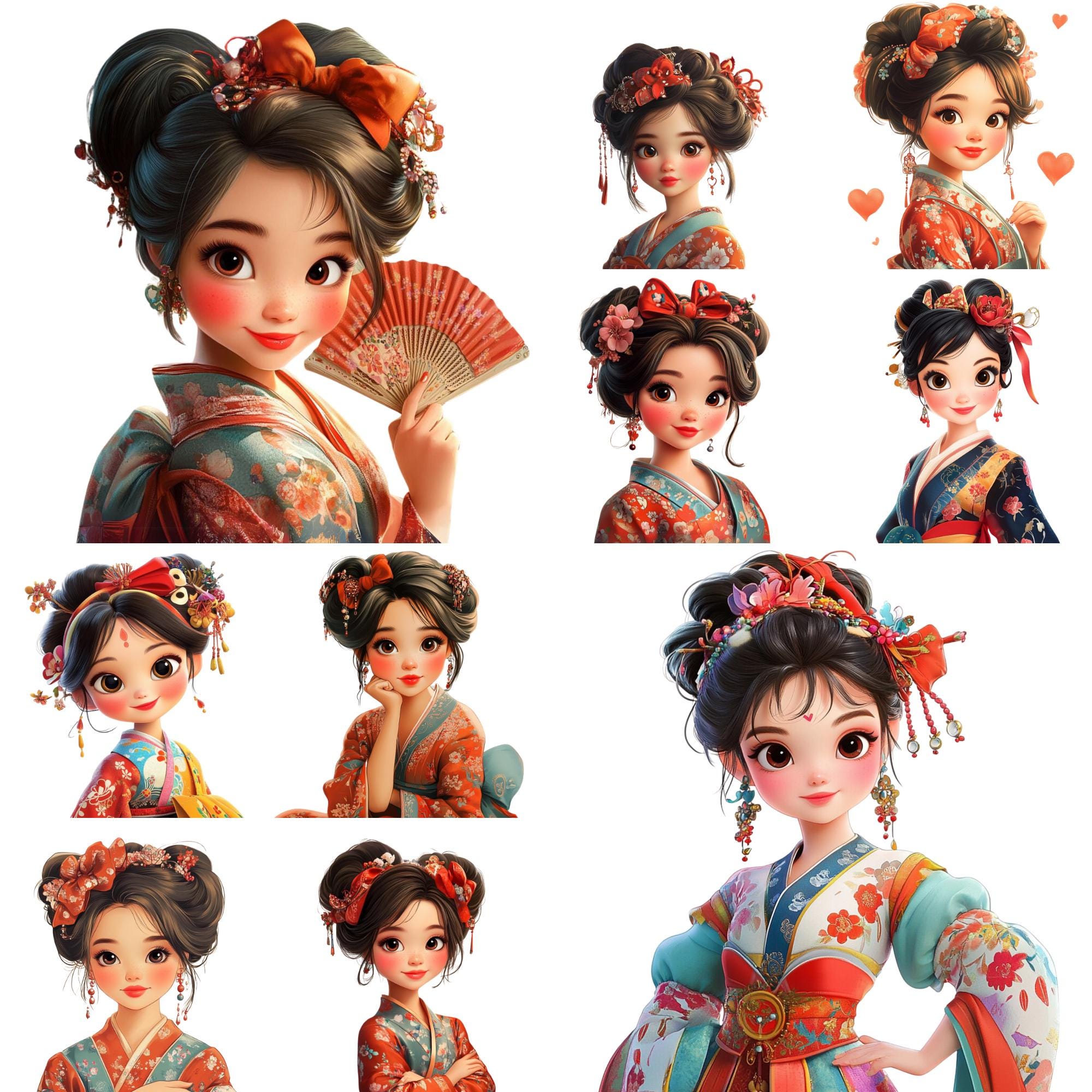 Stylized Asian Girls Clipart Set | 28 PNG Images | Traditional East ...