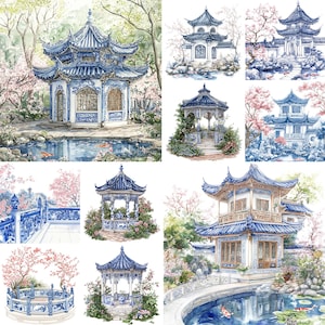 20 Chinoiserie Building Watercolor Clipart Set | 20 PNG Images | Blue ...