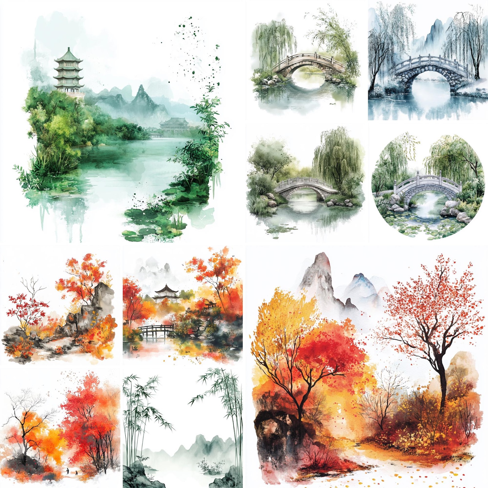 Chinese Landscape Watercolor Clipart Set: 30 Scenic PNG Images (digital ...