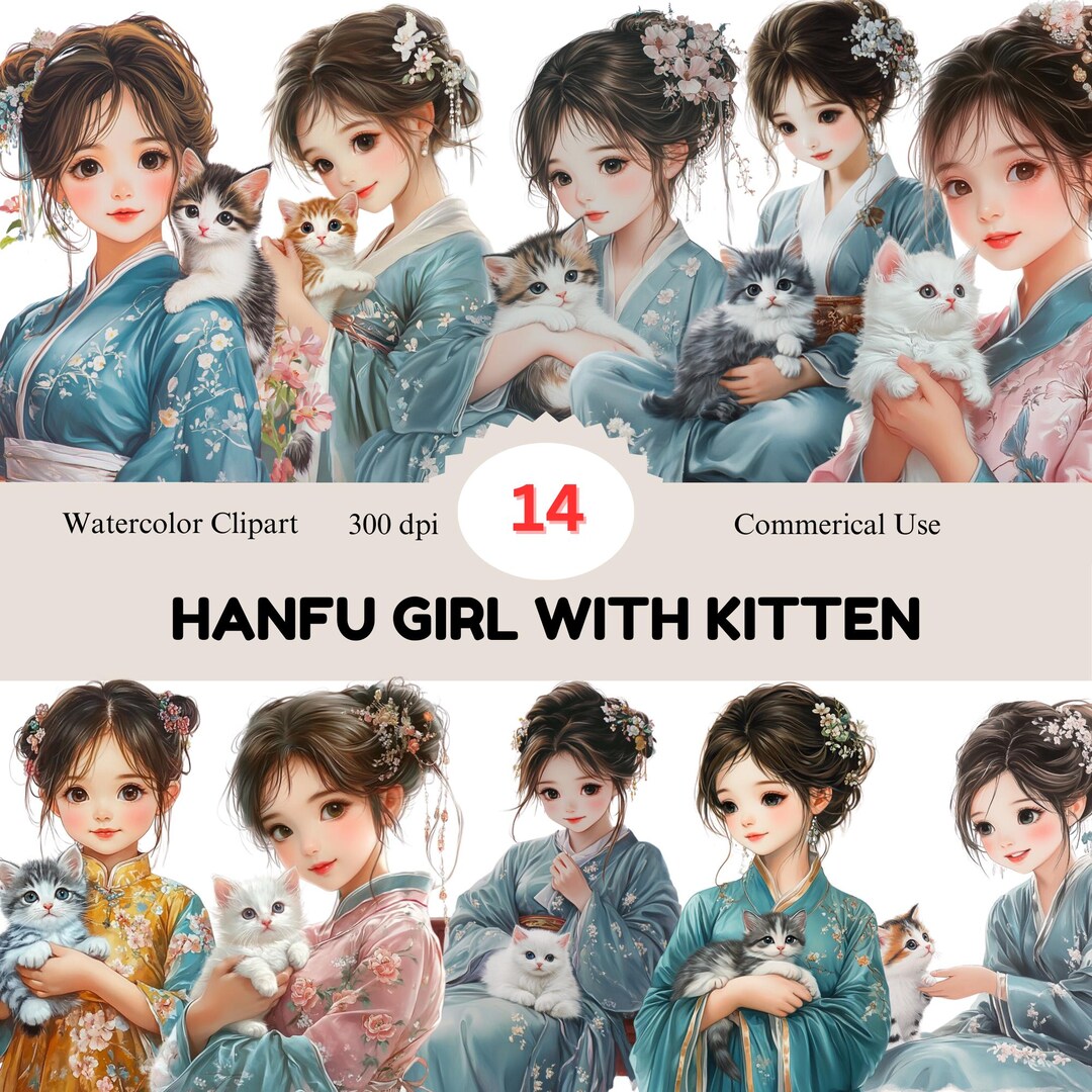 Hanfu Girl and Kitten Clipart Set | 14 PNG Images | Chinese Culture Art ...