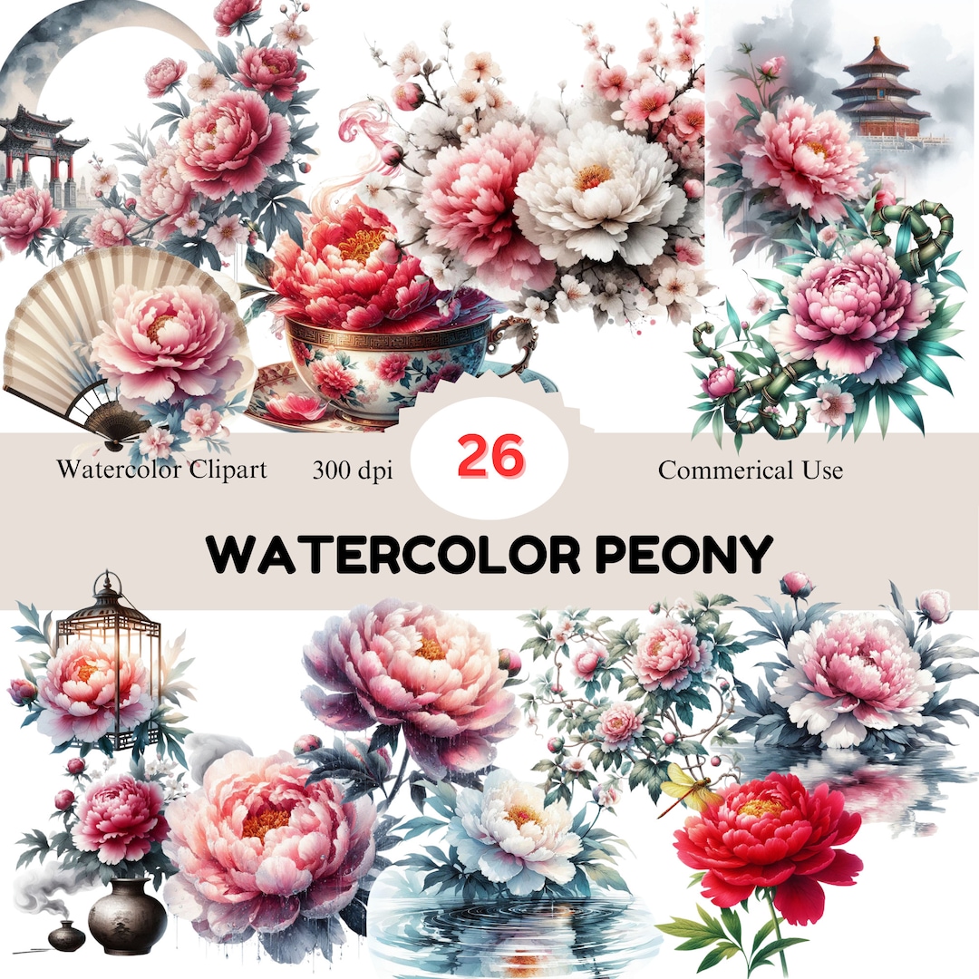 26-piece Watercolor Peony Floral Clipart Set | Colorful Flowers PNG ...