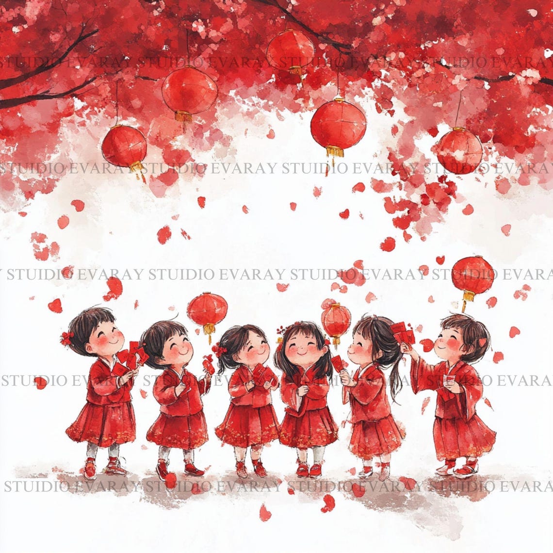 Watercolor Chinese New Year Clipart: Lunar Celebration Scenes (digital ...