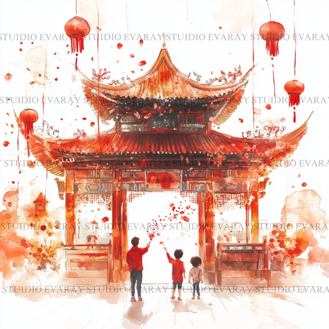Watercolor Chinese New Year Clipart: Lunar Celebration Scenes (digital ...