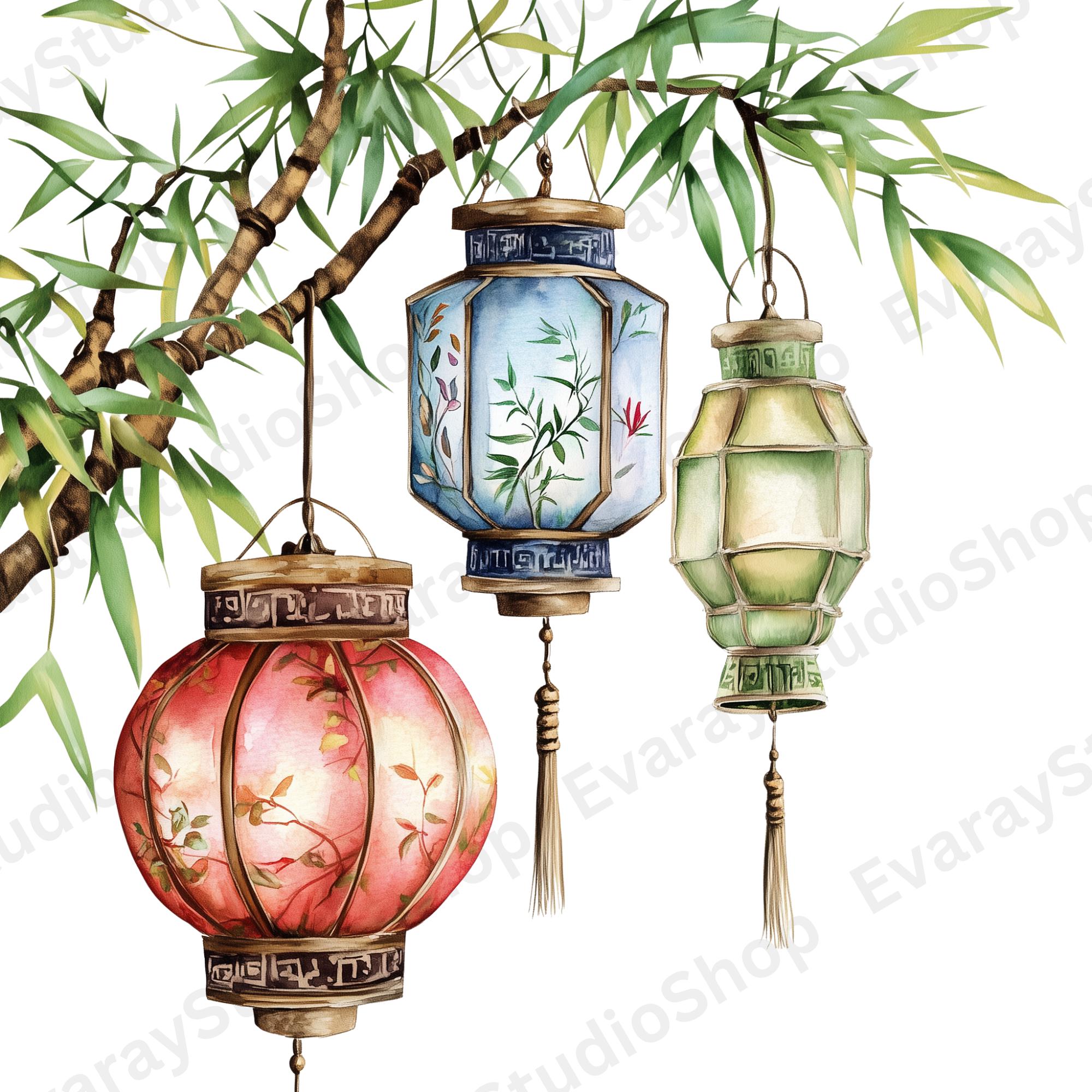 Watercolor Chinese Lantern Clipart Set: Festive PNG Graphics (digital ...