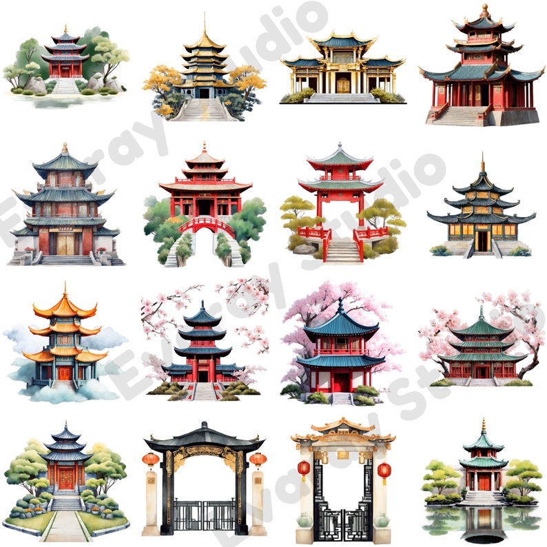 Chinese Temples Watercolor Clipart Set | 50 PNG Images | China ...