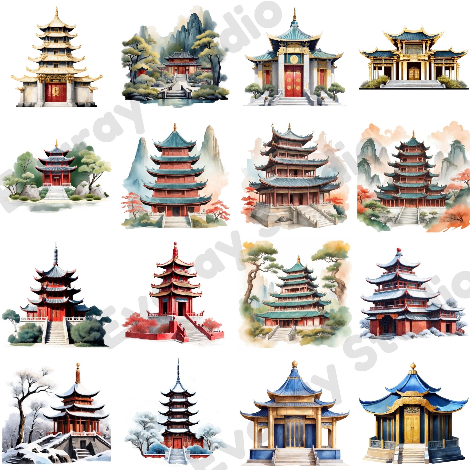 Chinese Temples Watercolor Clipart Set: 50 PNG Images (digital Download ...