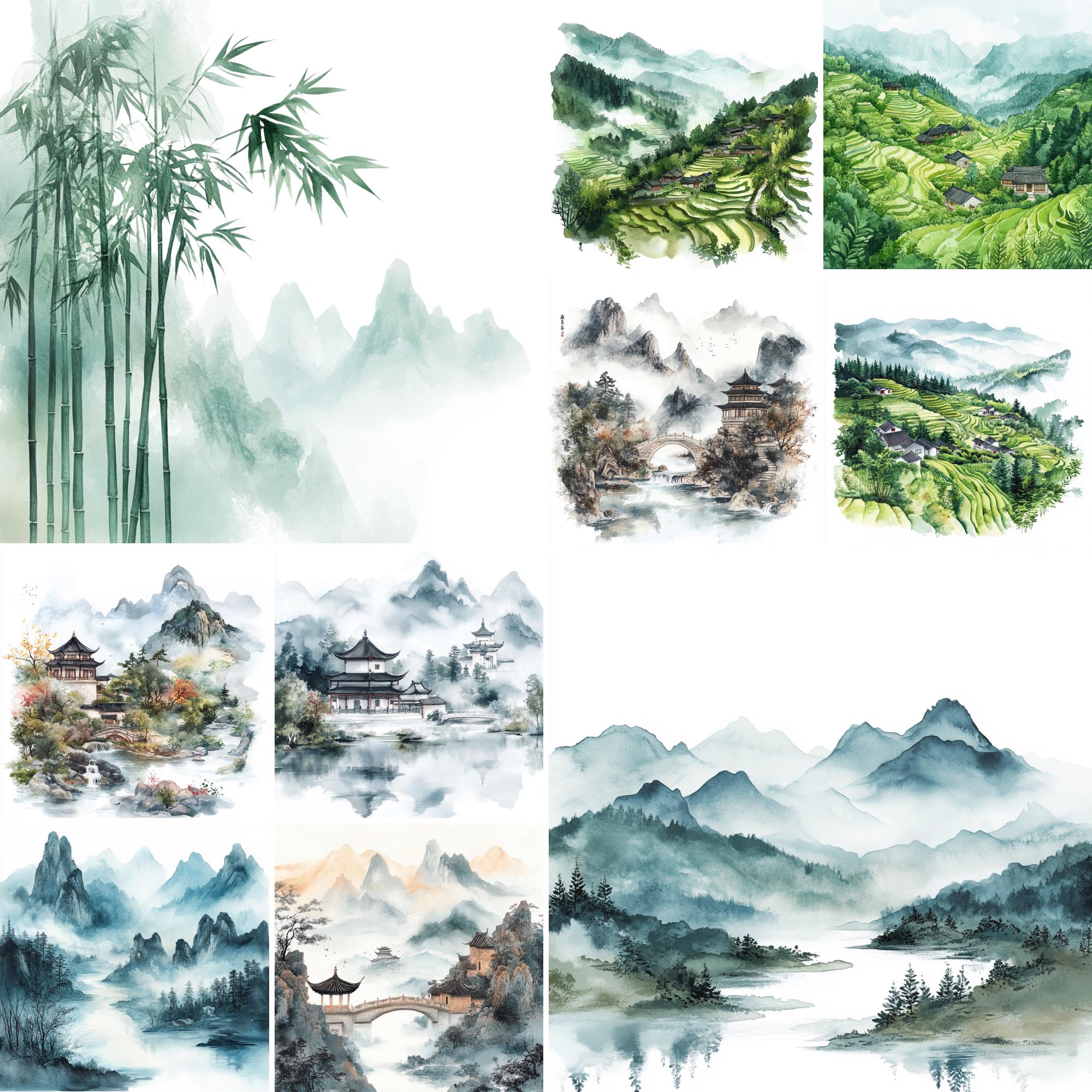 Chinese Landscape Watercolor Clipart Set: 30 Scenic PNG Images (digital ...