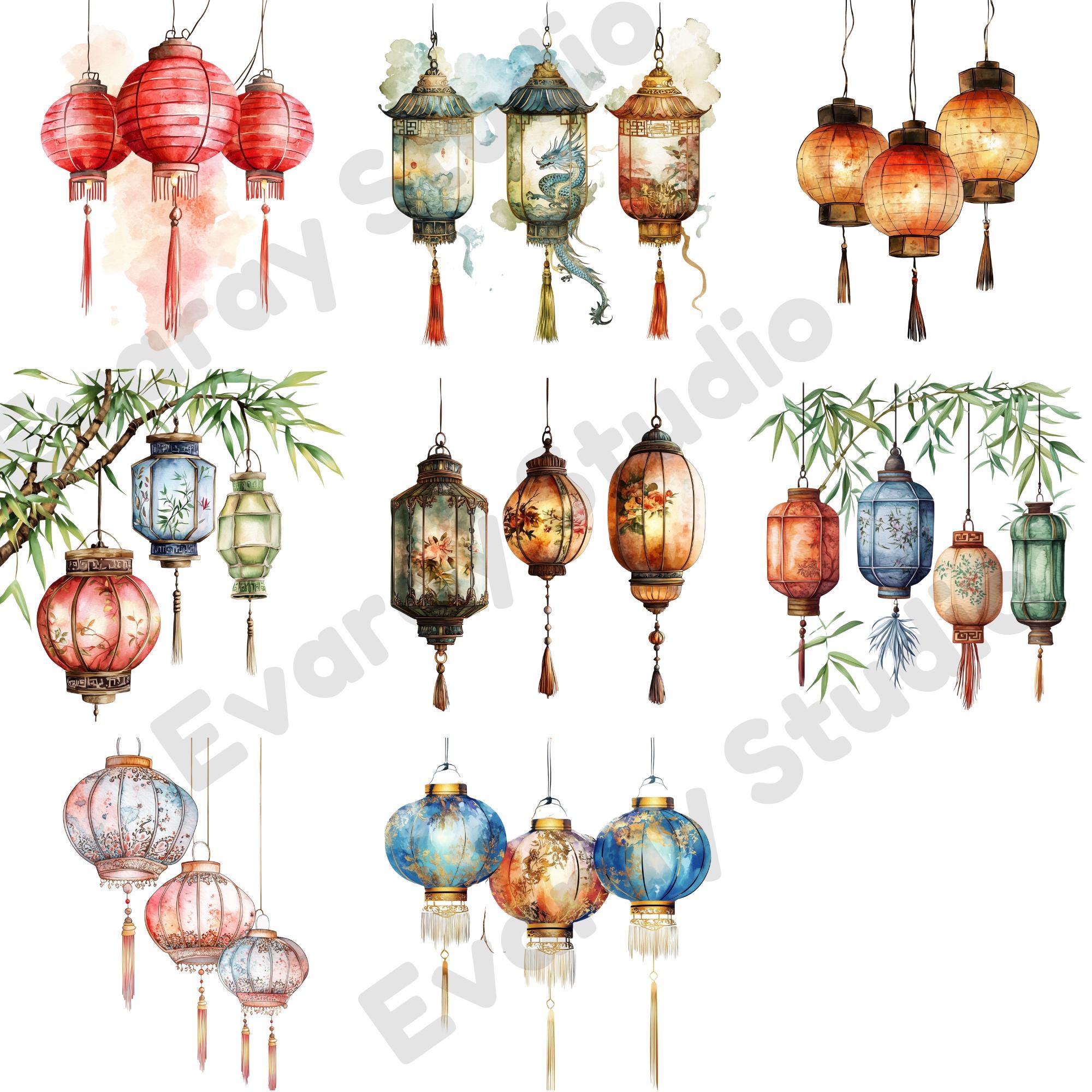 Watercolor Chinese Lantern Clipart Set: Festive PNG Graphics (digital ...
