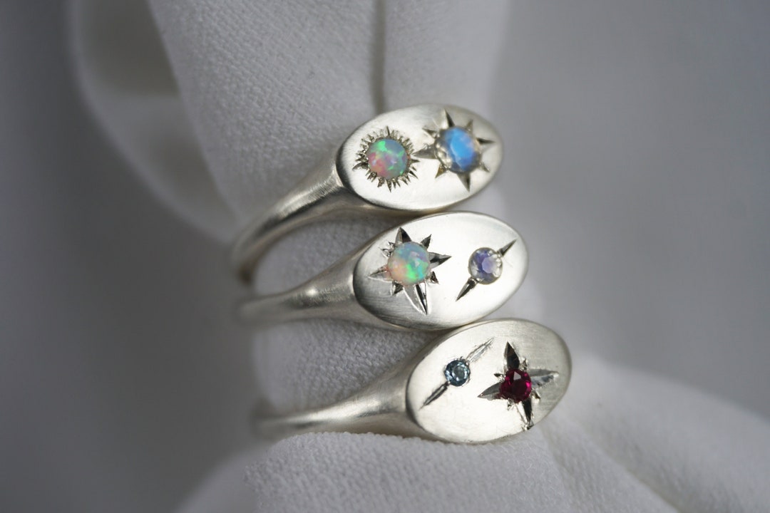 Personalised Silver Birthstone Signet Ring, Celestial Gemstone Ring ...