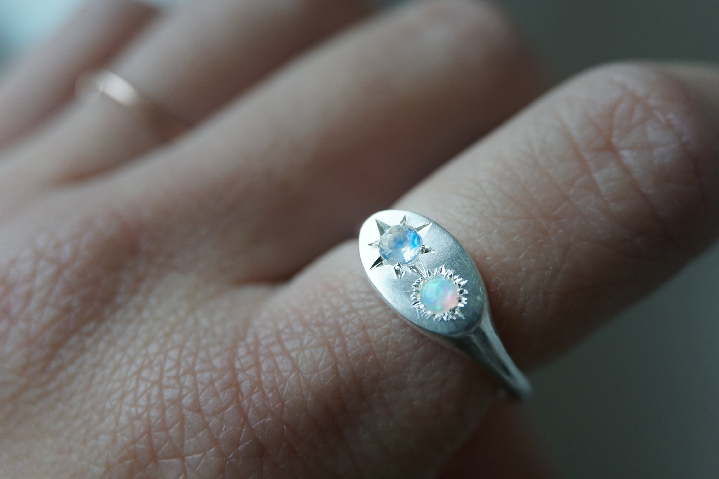 Personalised Silver Birthstone Signet Ring, Celestial Gemstone Ring ...