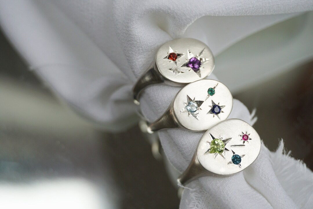 Personalised Silver Birthstone Signet, Celestial Gemstone Ring, Star ...