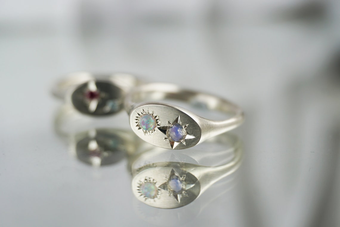 Personalised Silver Birthstone Signet Ring, Celestial Gemstone Ring ...