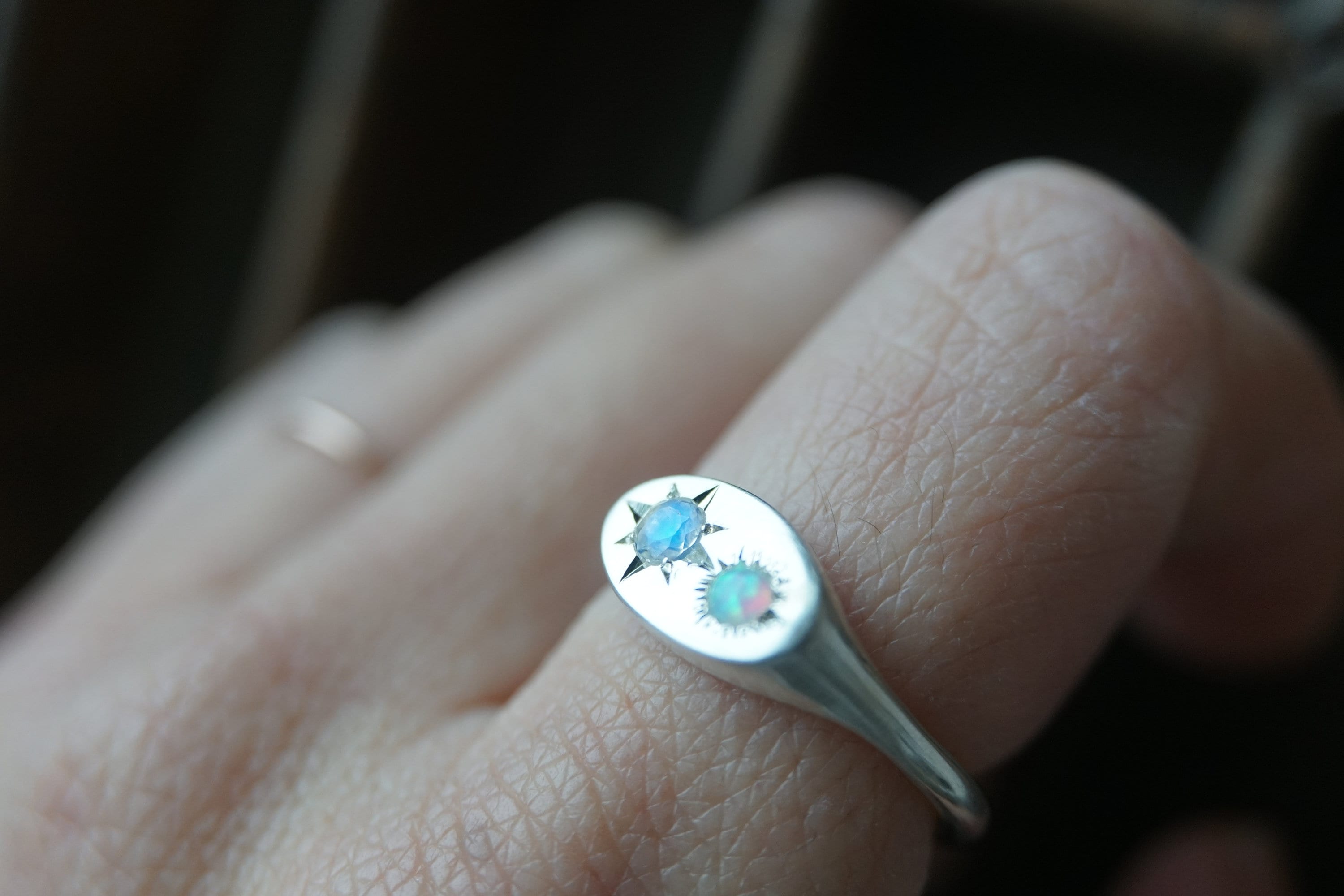 Personalised Silver Birthstone Signet Ring, Celestial Gemstone Ring ...