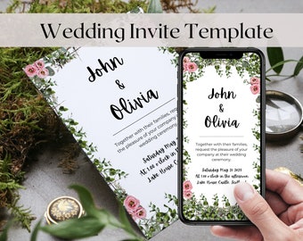 Tropical Teal & Coral Floral Wedding Invite, Editable 5x7 Invitation ...