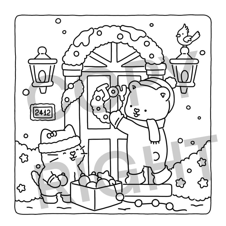 Fuzzy Hygge Christmas Bear and Cat Colouring Page Image Digital Art ...