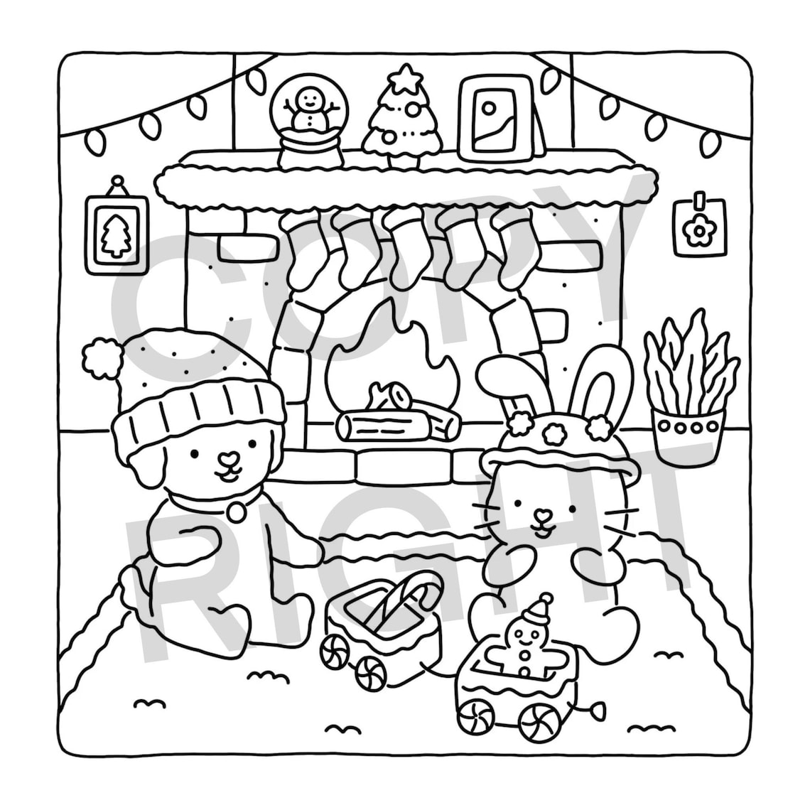 Fuzzy Hygge Christmas Dog and Bunny Fireplace Colouring Page Image ...