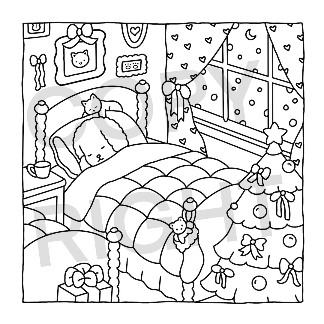 Fuzzy Hygge Christmas Festive Sleeping Dog Colouring Page Image Digital ...