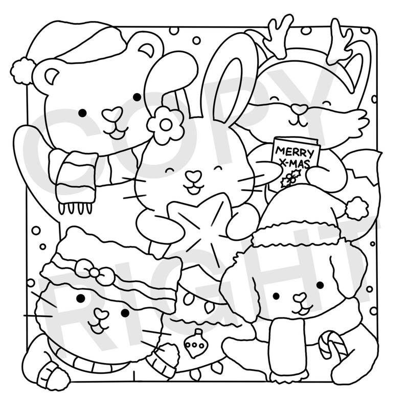 Fuzzy Hygge Christmas Friends Colouring Page Image Digital Art Line ...