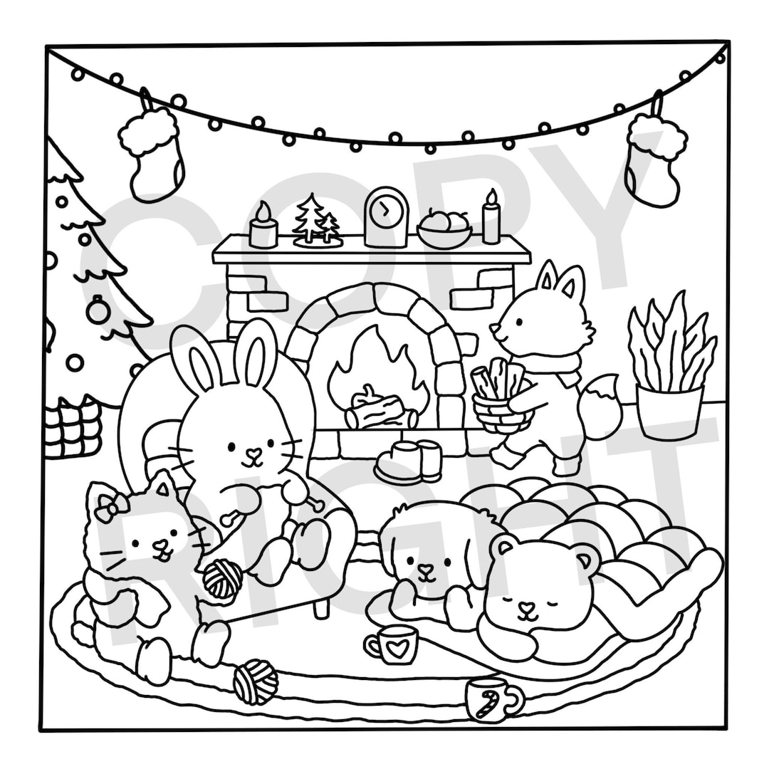 Fuzzy Hygge Christmas Festive Cosy Fireplace Colouring Page Image ...