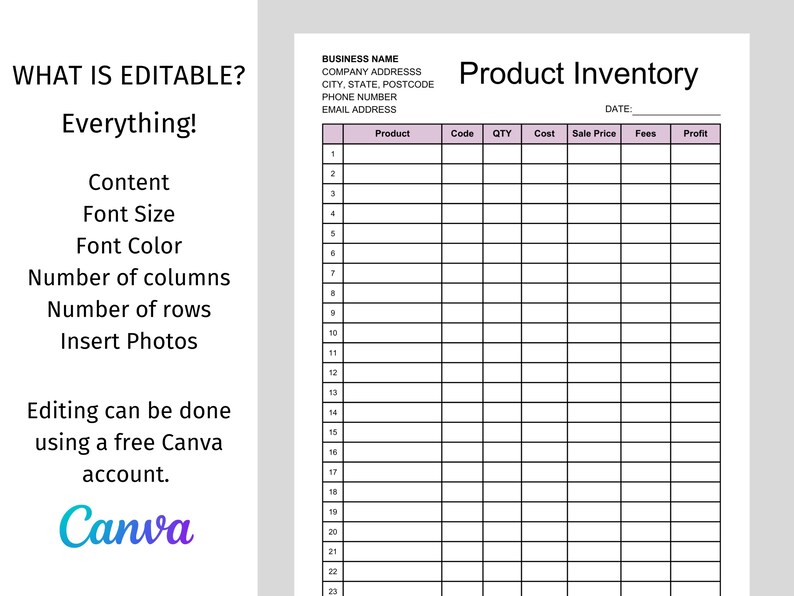 Editable Inventory Product Form Organizer List Tracker Inventory ...