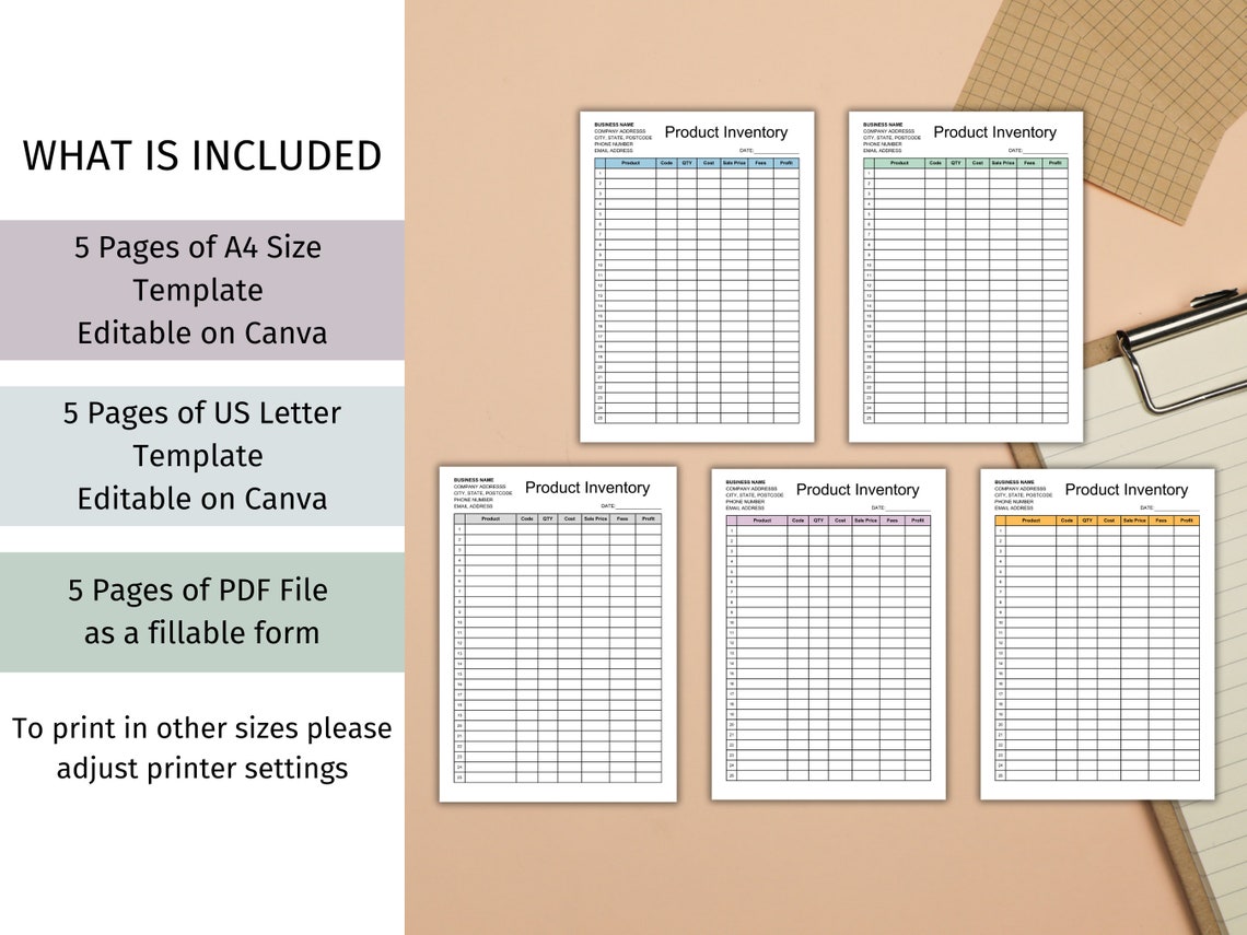 Editable Inventory Product Form Organizer List Tracker Inventory ...