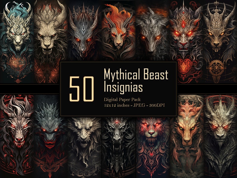 Mythical Beast Digital Paper Pack, Legendary Creature Insignias ...