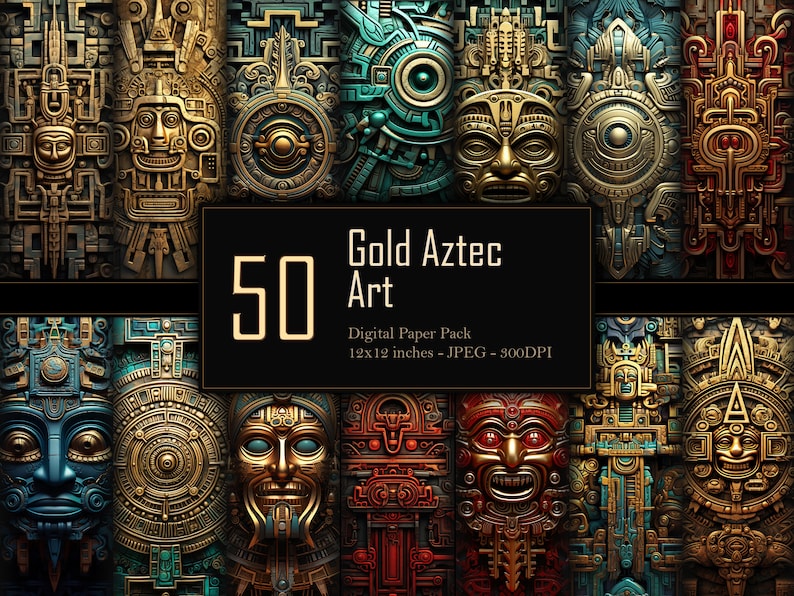 Gold Aztec Art Digital Paper Pack, 12x12 Inch, Ancient Motifs, Mayan ...
