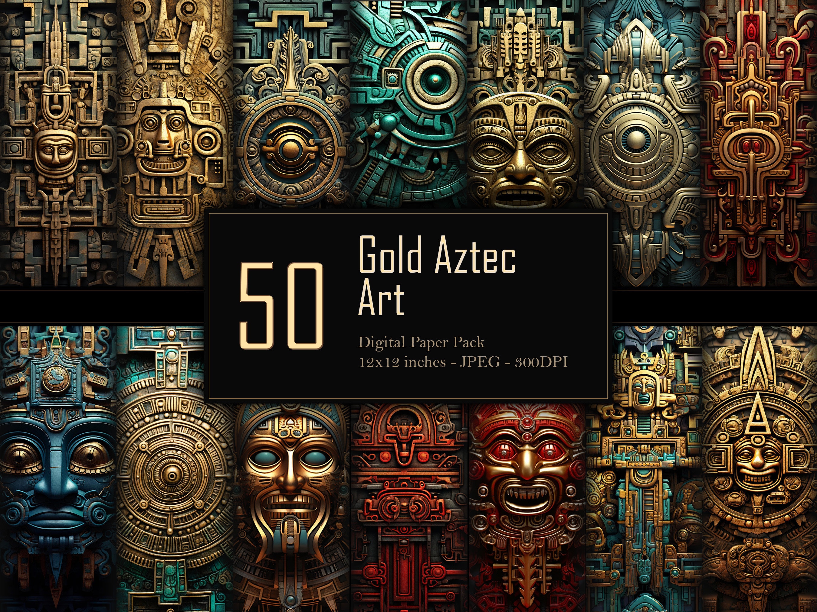 Gold Aztec Art Digital Paper Pack, 12x12 Inch, Ancient Motifs, Mayan ...