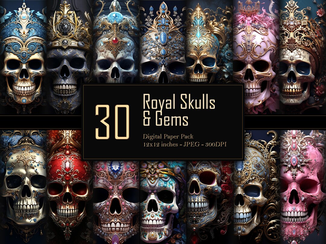 Royal Skulls Digital Paper Pack, Gem-encrusted Skull, Crowned Skull ...