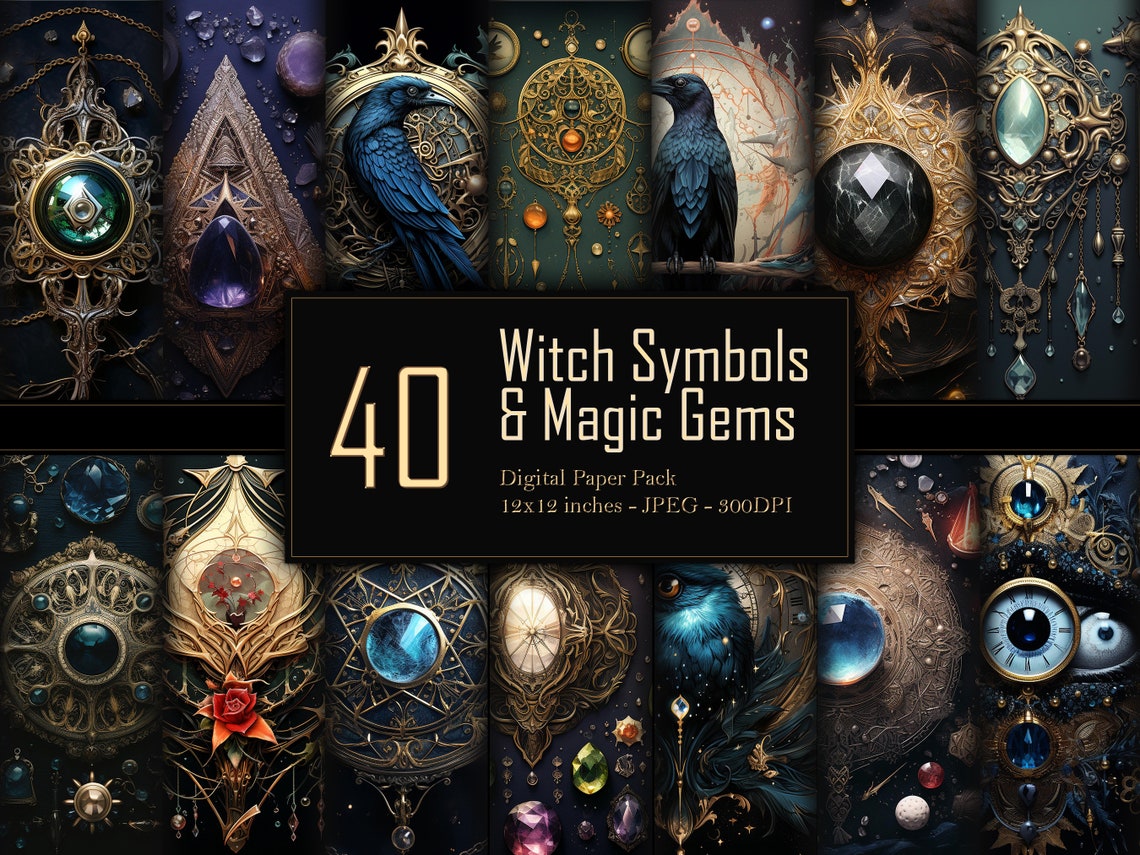 Witch Symbols and Magical Gems Digital Paper Pack, Mystical Charms ...