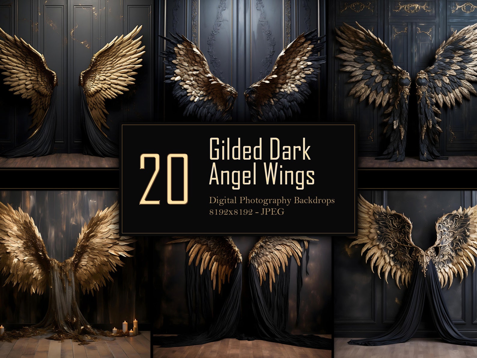 Gilded Dark Angel Wings Digital Photo Backdrop, Portrait Wing ...