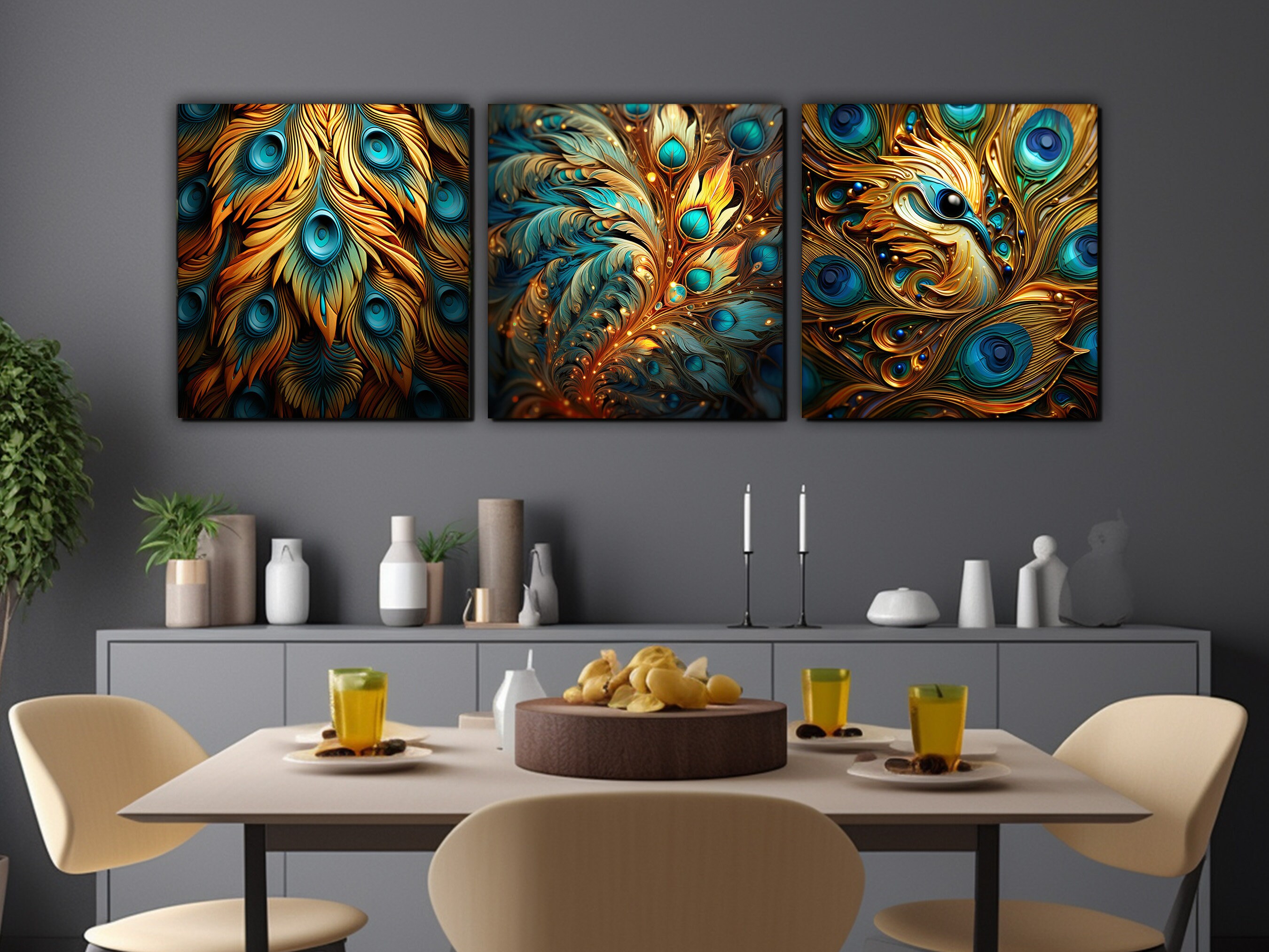 Golden Peacock Feathers Digital Paper Pack, Gilded Plume Patterns ...