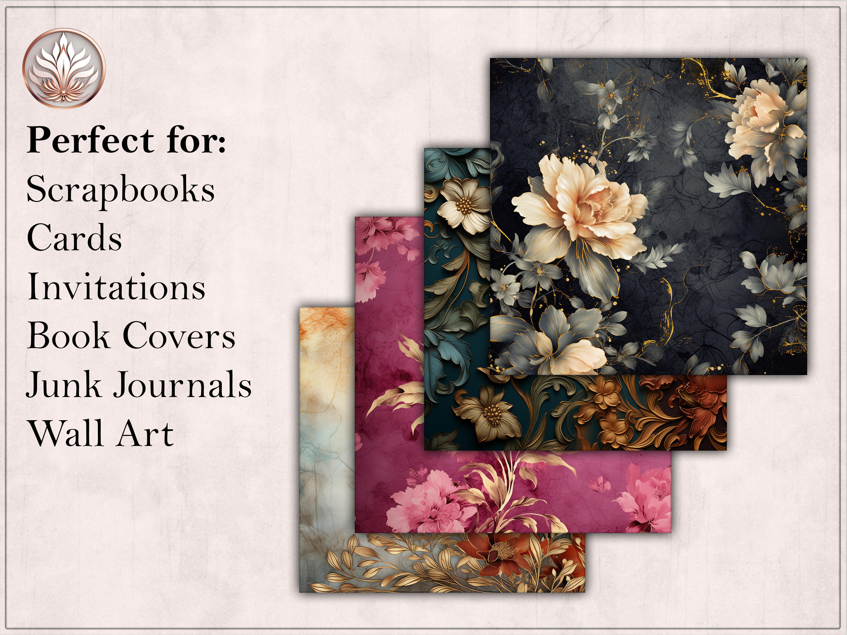 Gilded Royal Floral Patterns Digital Paper Pack, Luxurious Floral ...
