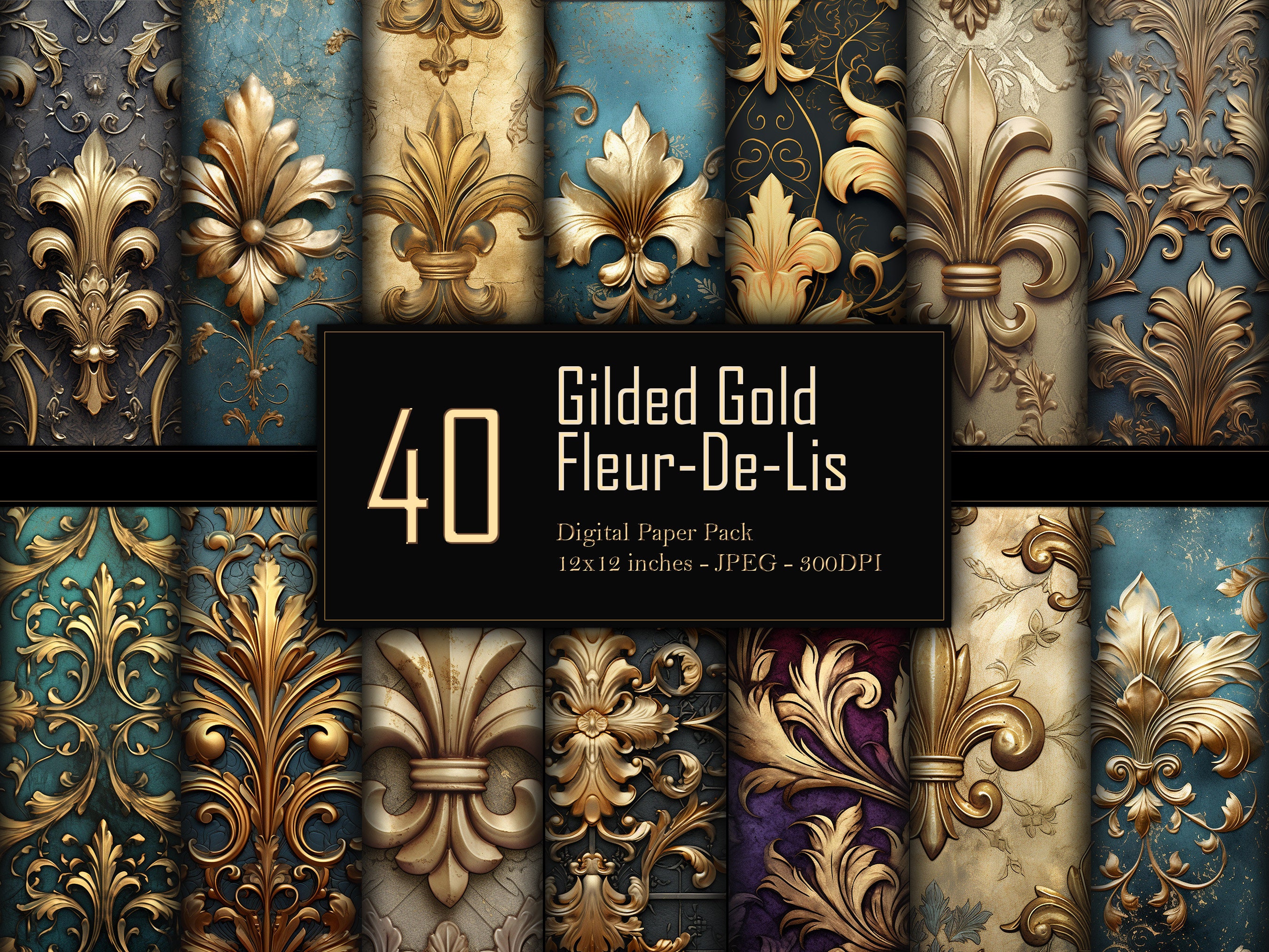 Gilded Fleur-de-lis Digital Paper Pack, Golden Lys Patterns, Luxurious ...
