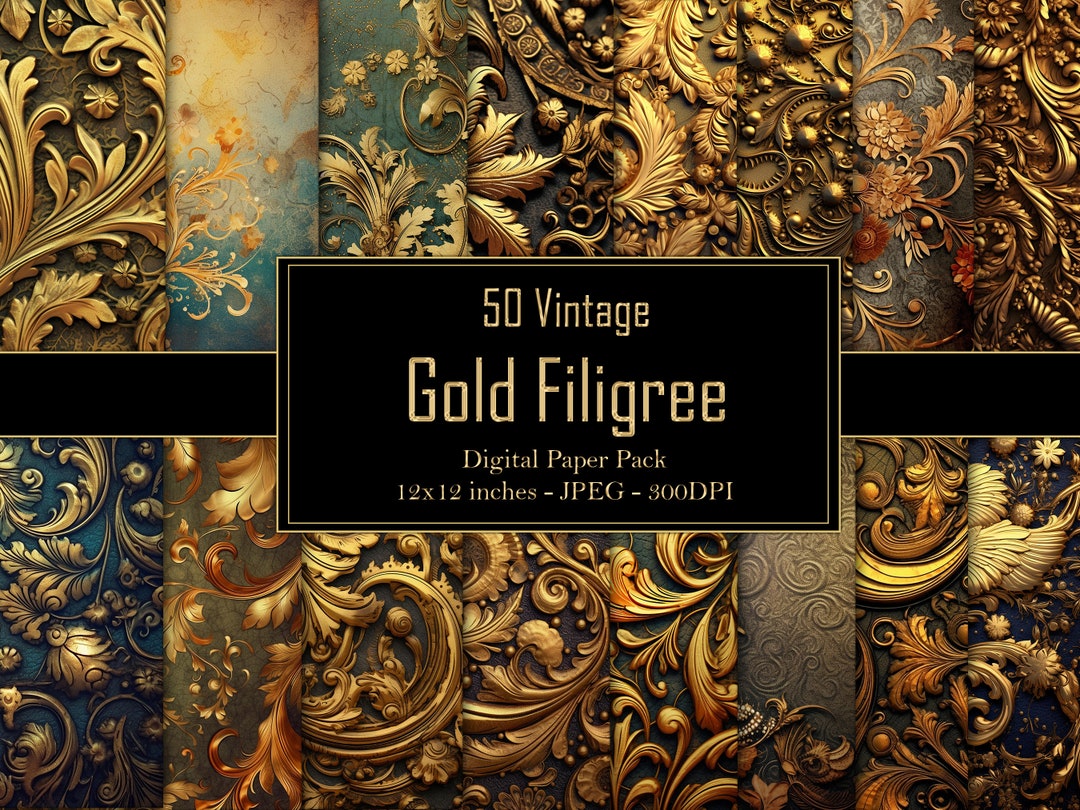 Vintage Gold Filigree Digital Paper Pack - 50 Images, 12x12 Inch/30 ...