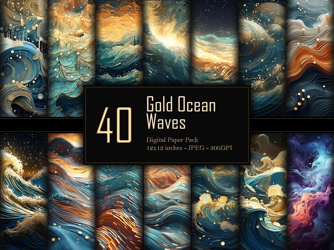 Golden Ocean Waves Digital Paper Pack, Gilded Tidal Patterns, Lustrous ...