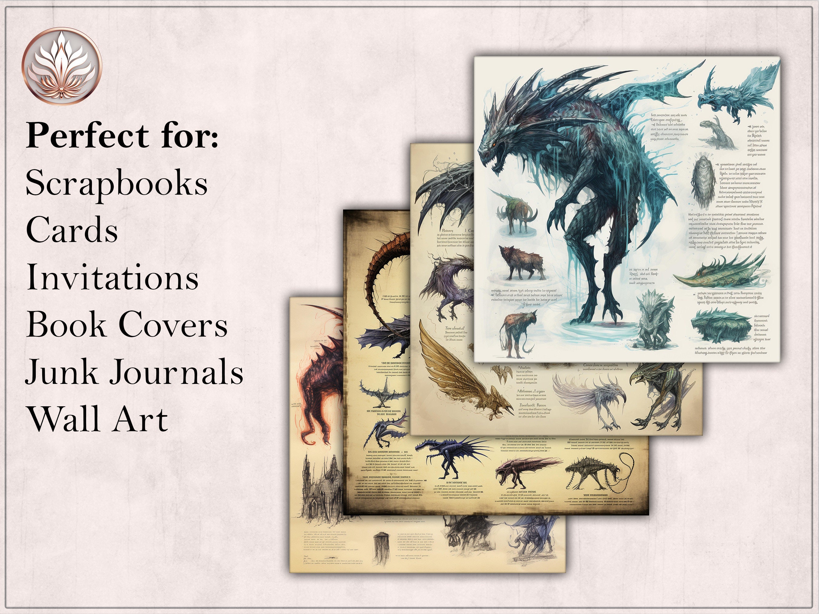 Fantastic Beasts Bestiary Pages Digital Paper Pack, Mythical Creature ...
